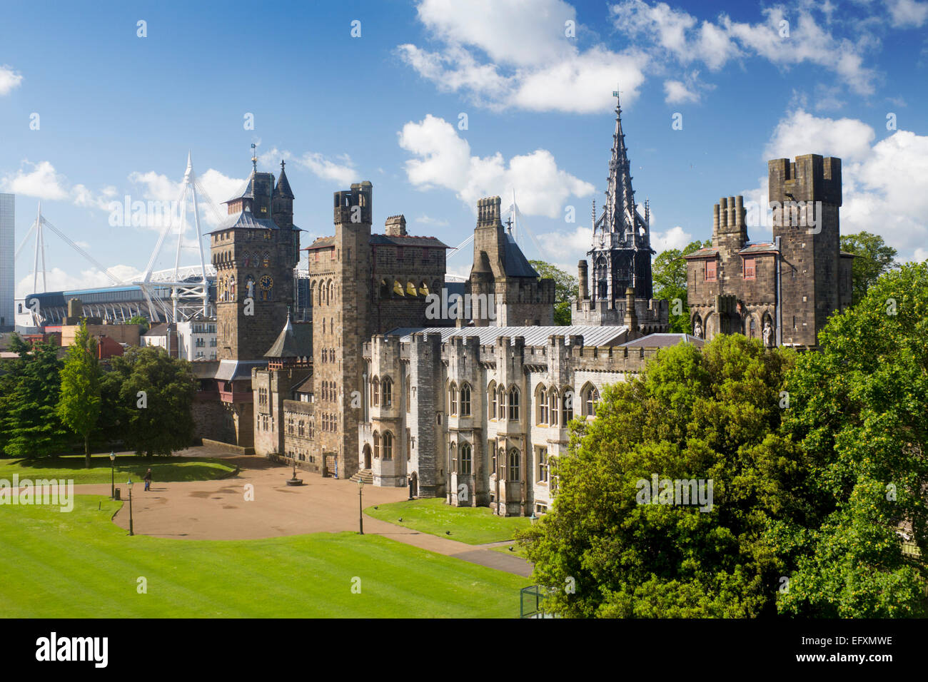 Cardiff Castle view from keep of grounds, Clock Tower and city skyline ...