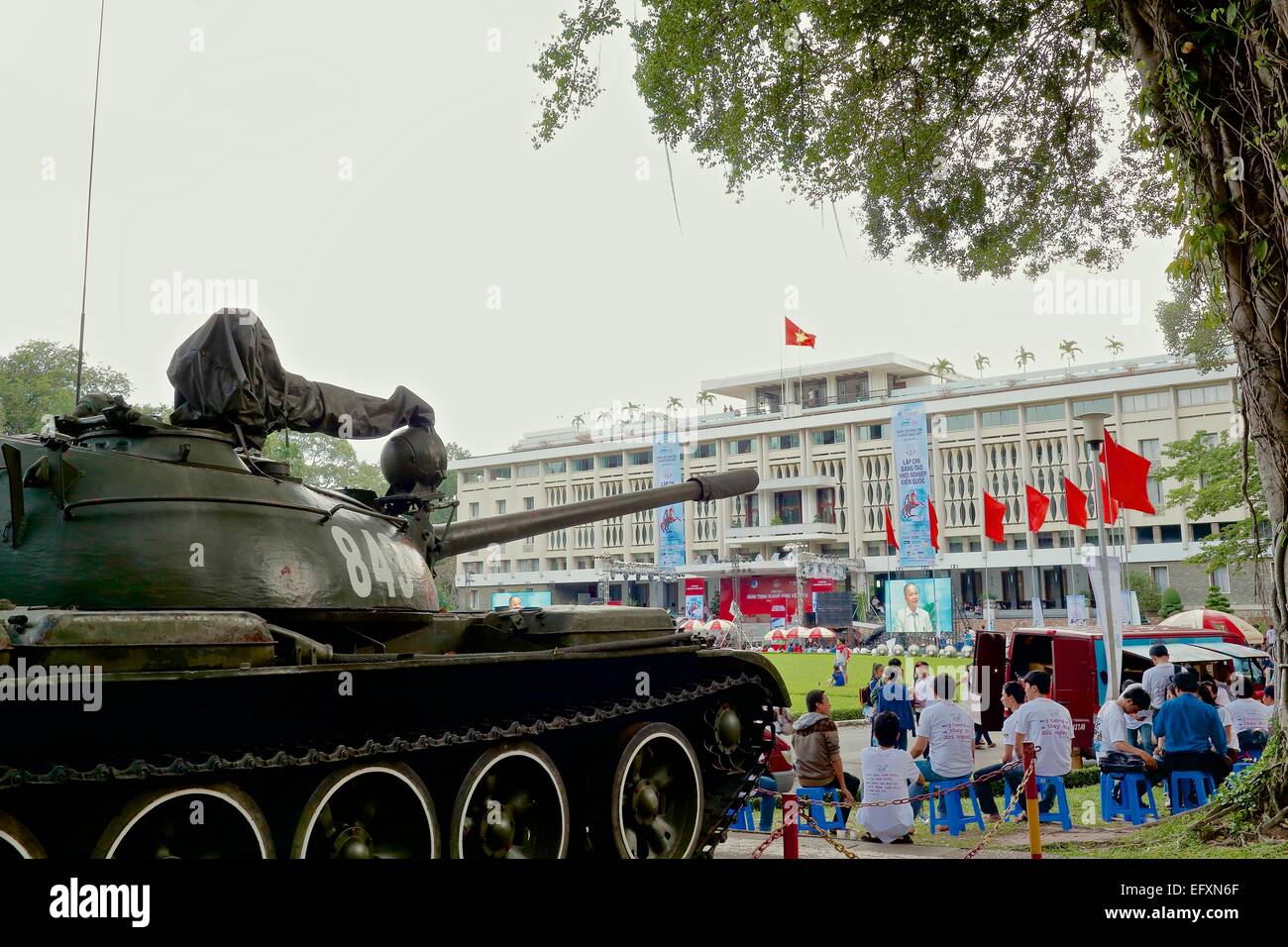 Vietnamese tank at the entrance to the independence palace building, also known as the ...