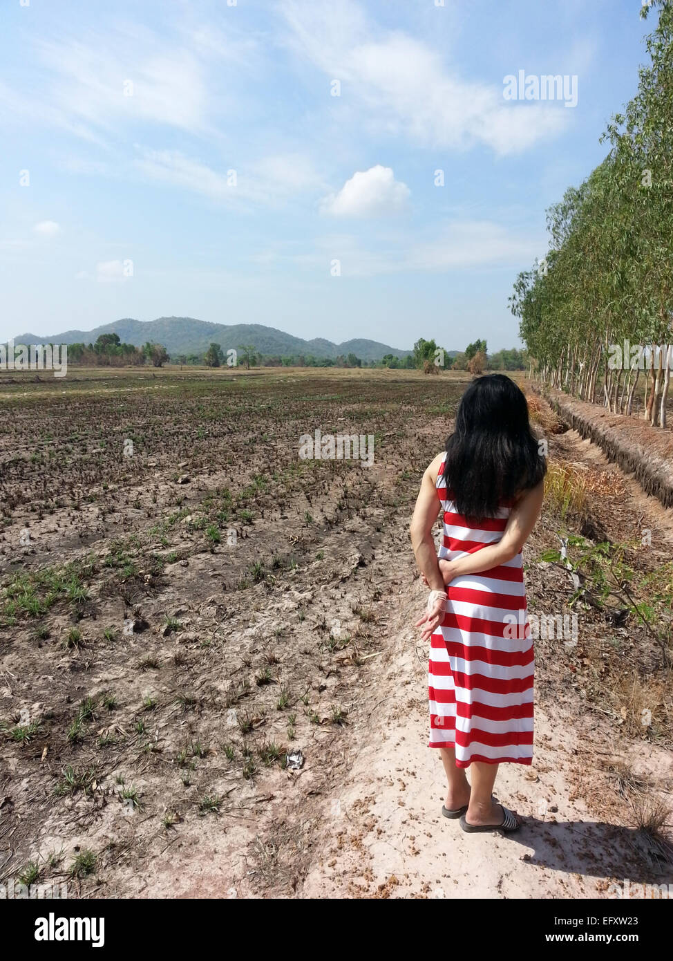 Lady Walking in Fields Thailand Stock Photo - Alamy
