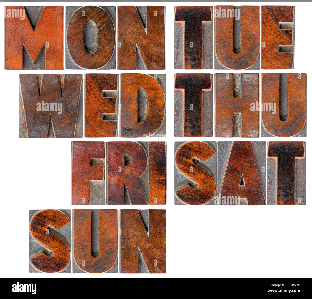 7 days of week (first 3 letters) - isolated text in vintage wood ...