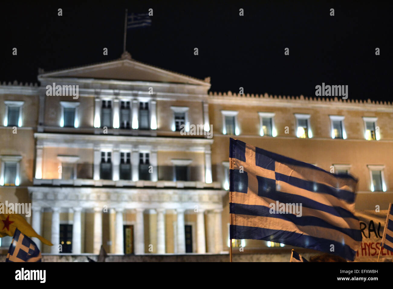 Athens, Greece. 11th Feb, 2015. A big Greek flag in front of the Greek ...