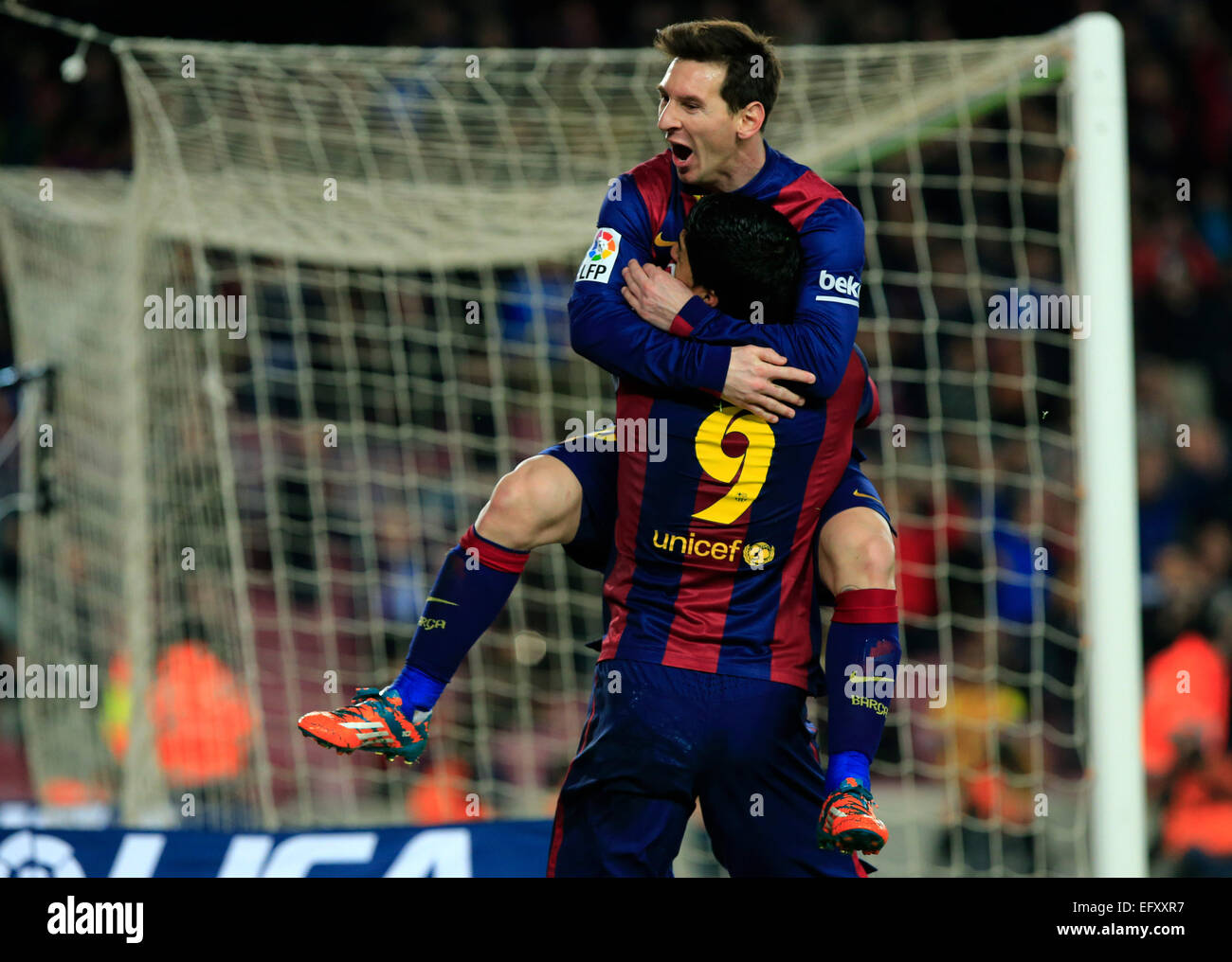 Barcelona, Spain. 11th Feb, 2015. Barcelona's Lionel Messi (Top ...