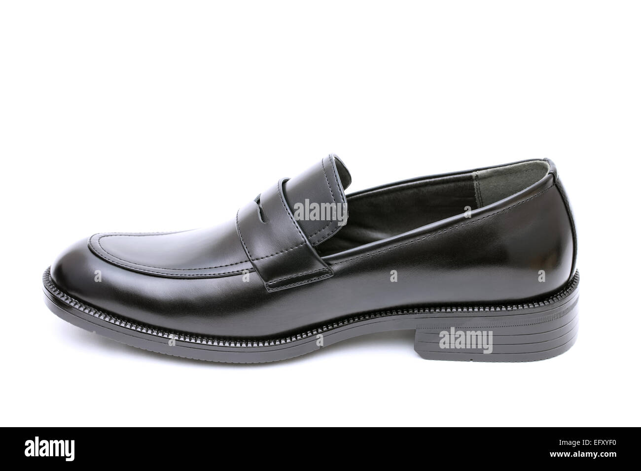 Black leather mens shoe, no shoe string, isolated on white background ...