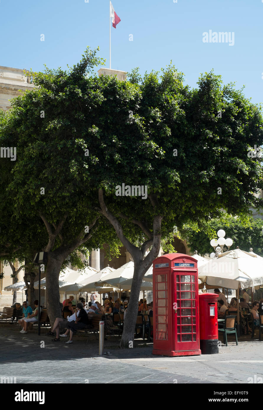 Red phone box and cafe in Republic Square,Valletta,Malta Stock Photo ...