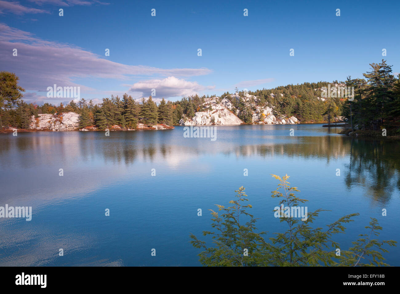 A peaceful blue lake with pine trees and white quartzite mountains in ...