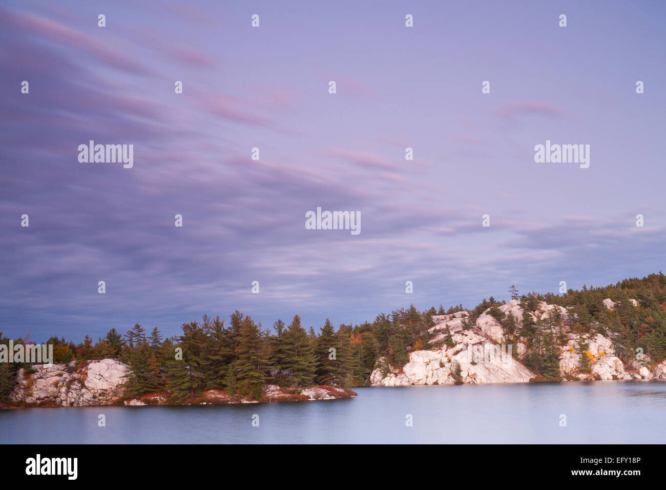 White Quartzite and pine trees at sunset. Killarney Provincial Park ...