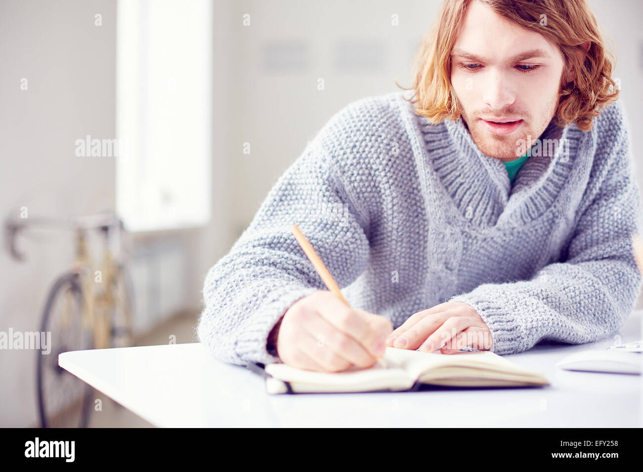 Portrait of handsome man in sweater making notes in notepad Stock Photo ...