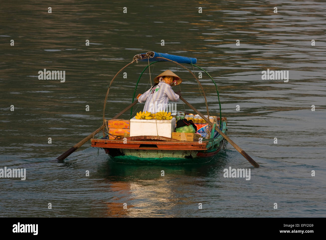 Snack food boat vendor Halong Bay Vietnam Stock Photo - Alamy