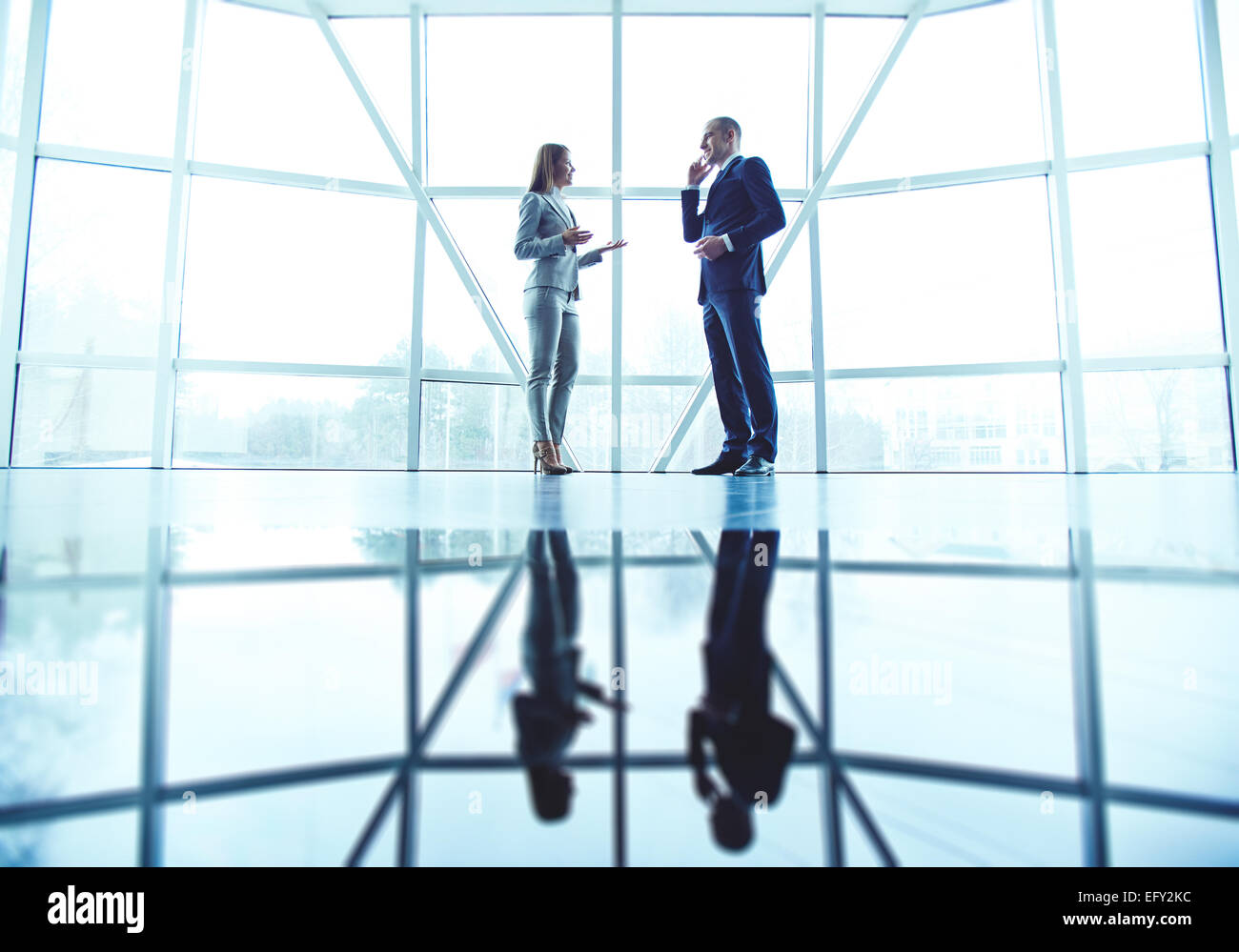 Two confident colleagues interacting in office Stock Photo - Alamy