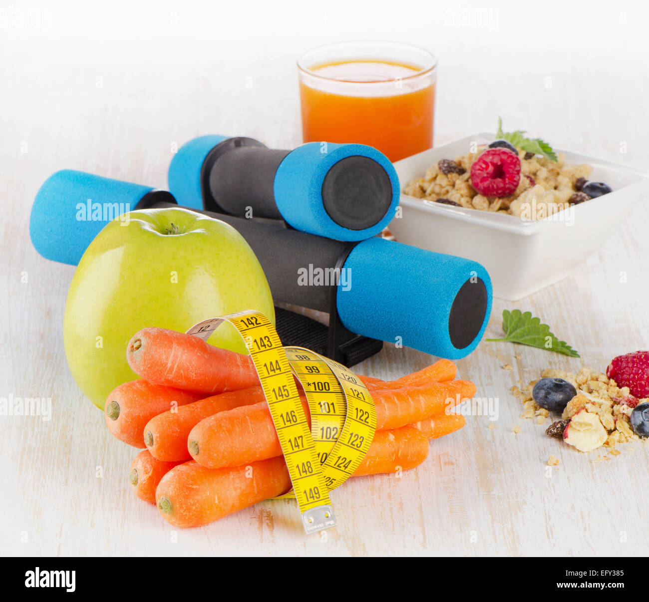fitness equipment and healthy food - health and diet concept. Selective ...