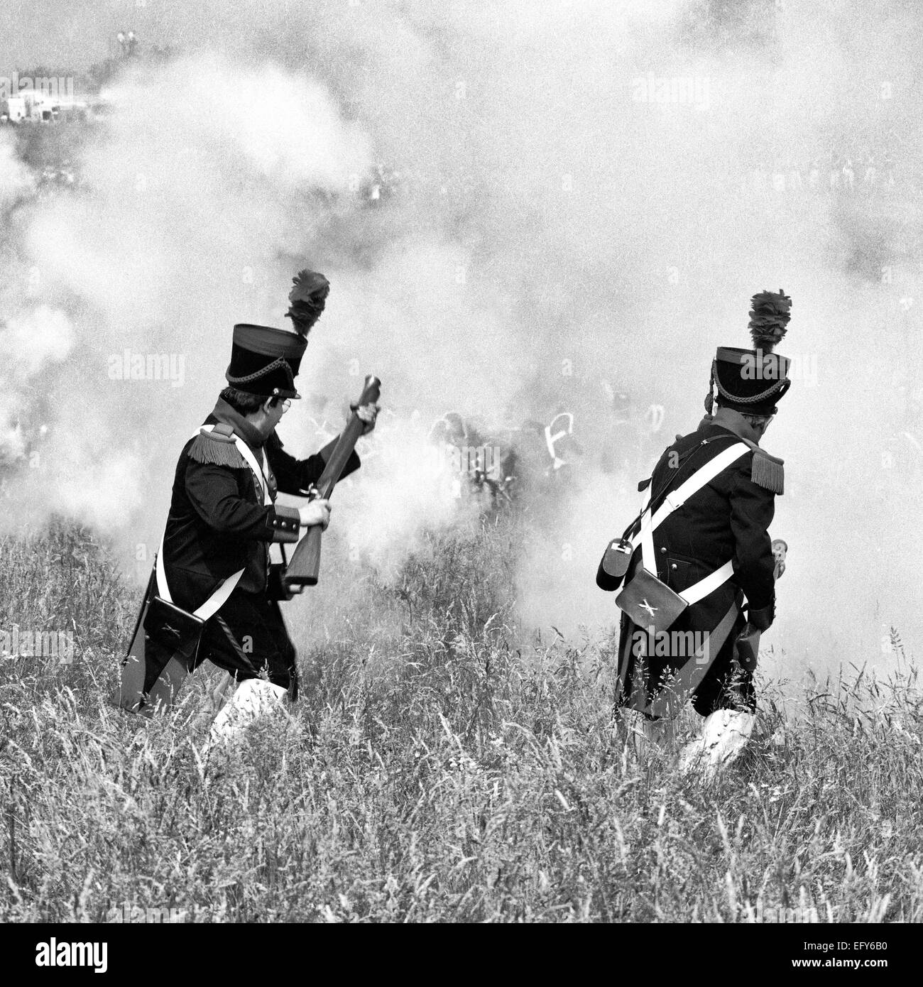 WATERLOO, BELGIUM -CIRCA 1990: Actors in costume during the reenactment ...