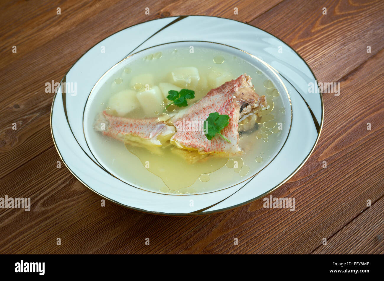 Traditional Russian fish soup with red grouper Stock Photo - Alamy