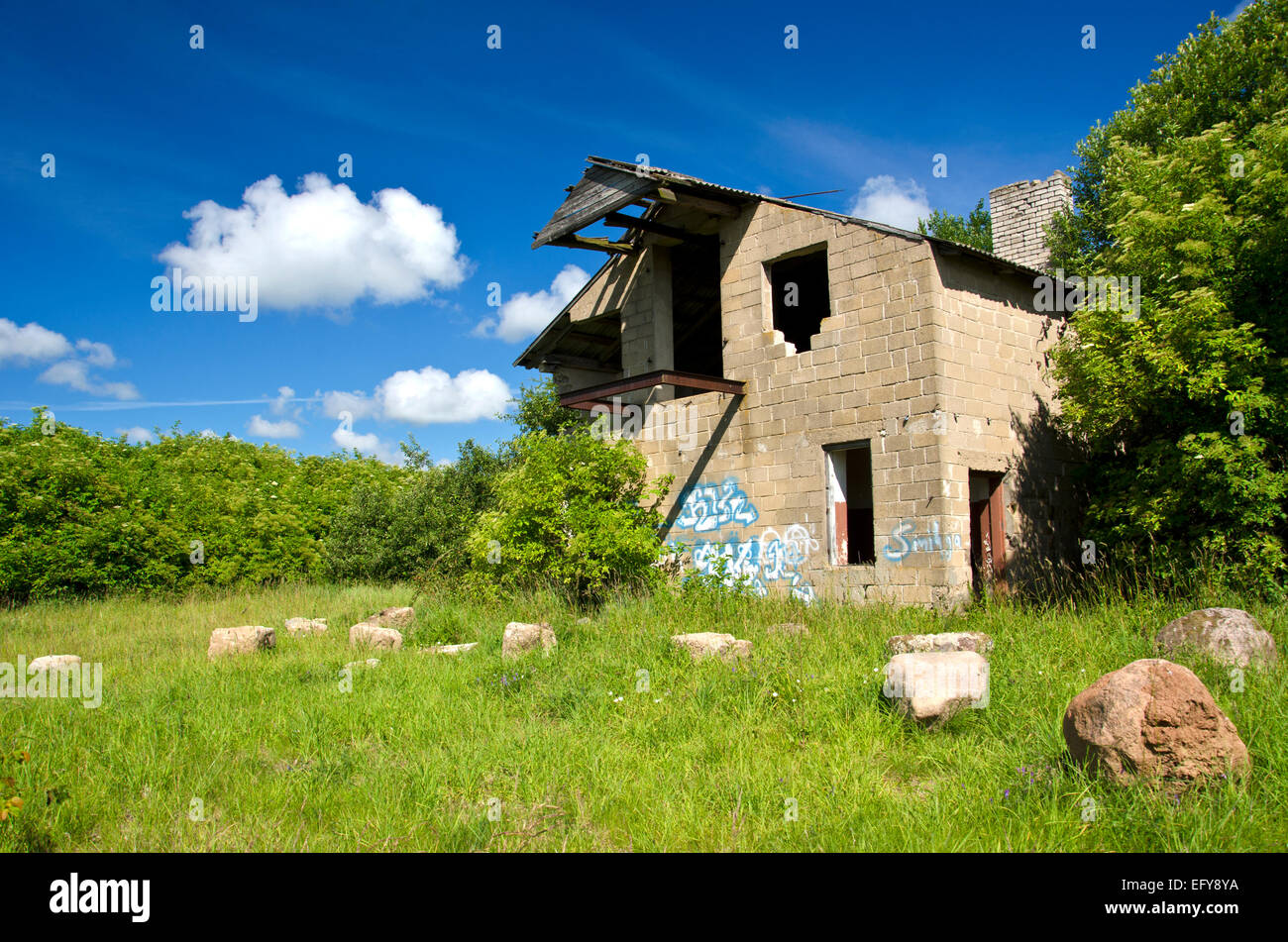 summer landscape with old farm house ruins Stock Photo - Alamy