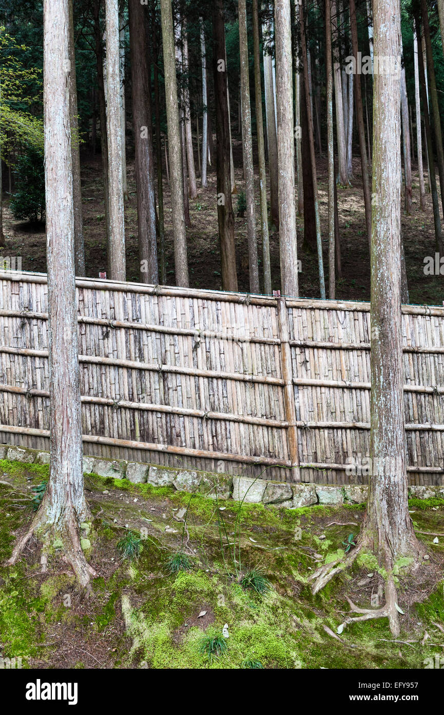 A traditional Japanese boundary fence of split bamboo surrounds the ...