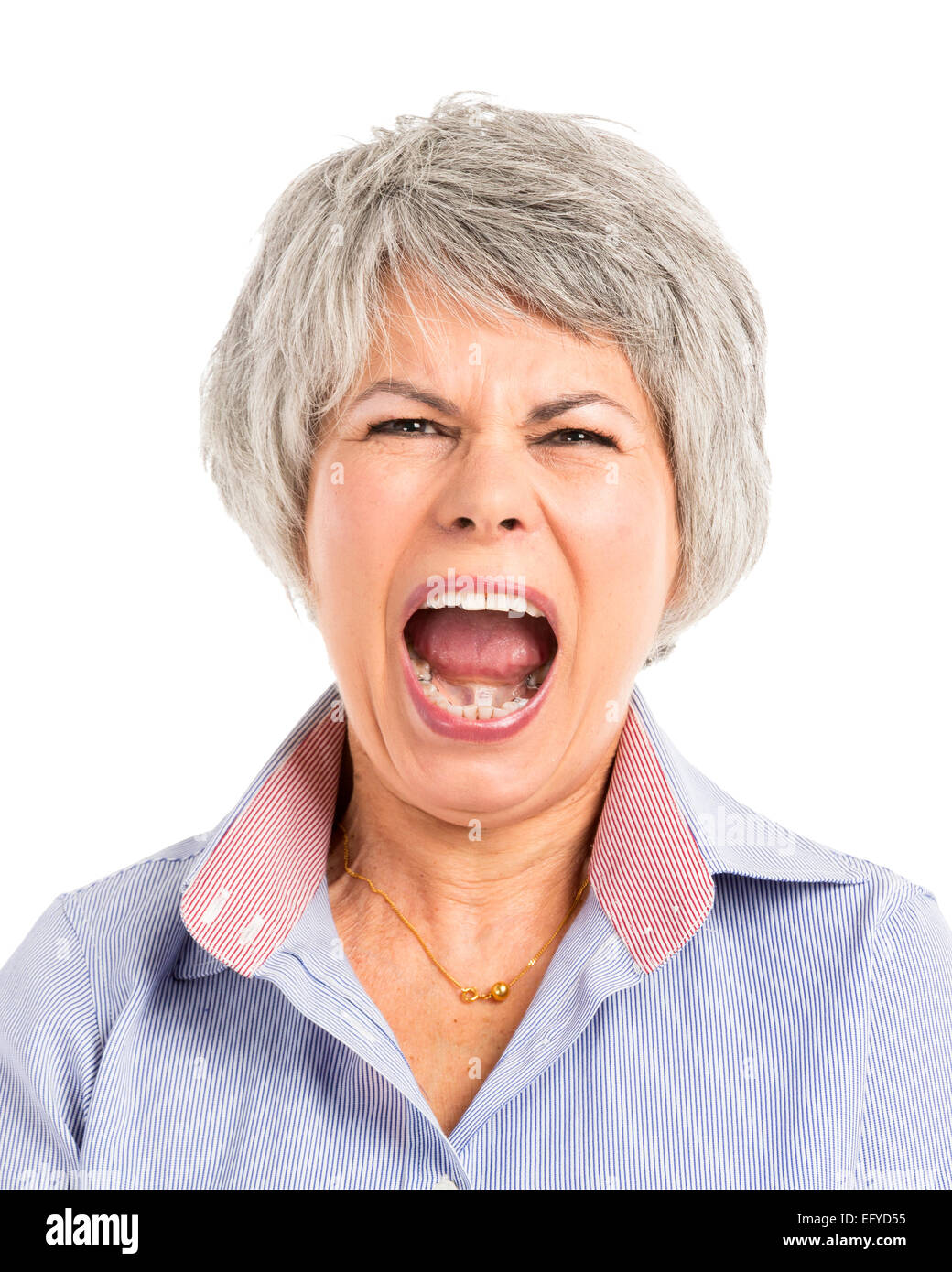 Portrait of a elderly woman with a yelling expression Stock Photo - Alamy