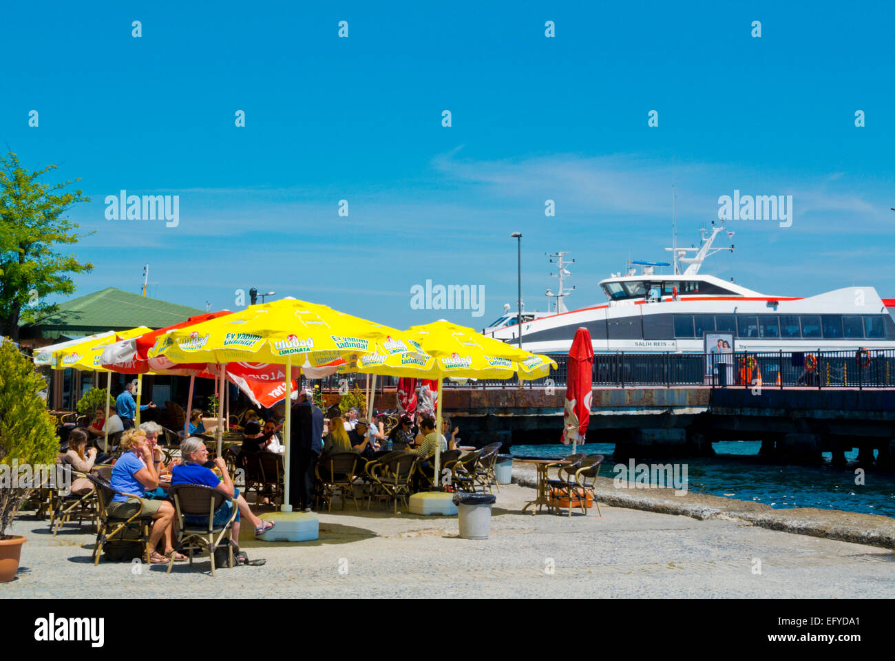 Tea room terrace outside ferry pier, Findikli park, Kabatas district ...