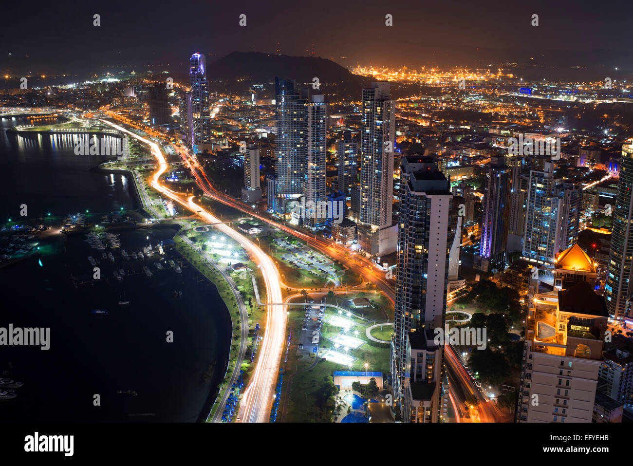 Skyline, Panama City, Panama, Central America by night. Cinta Costera ...