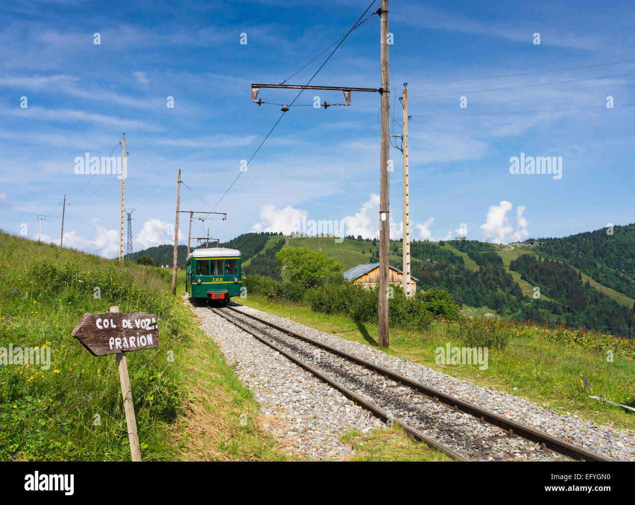 The famous Mont Blanc mountain cog train or tramway du Mont Blanc, at ...