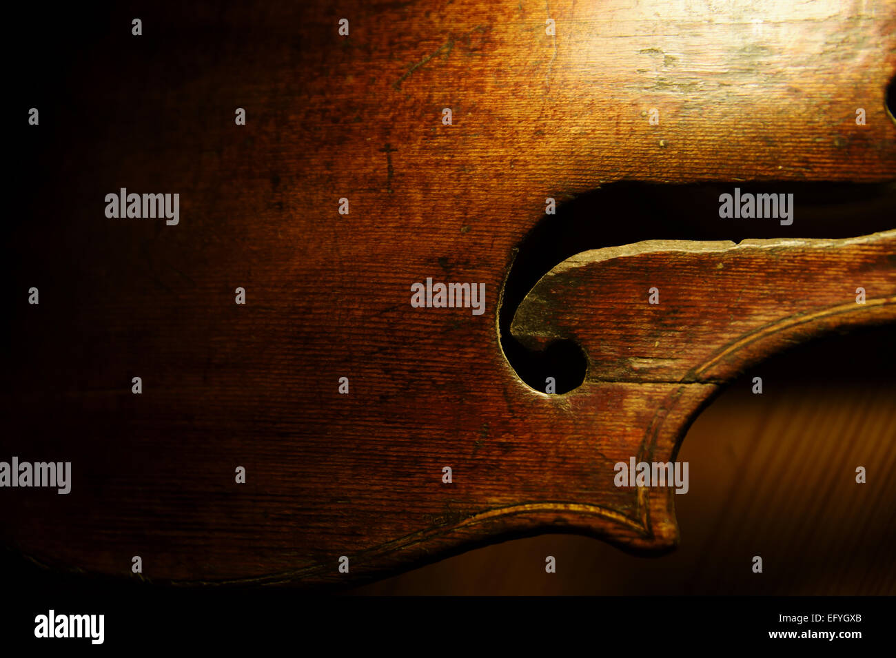 Close up of violin musical instrument made from wood showing grain ...
