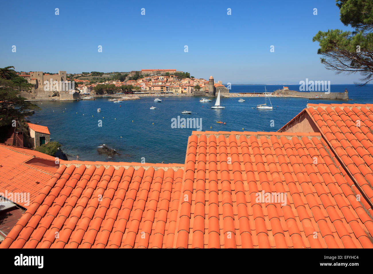 Panoramic view of the beautiful medieval town of Collioure in Southern ...