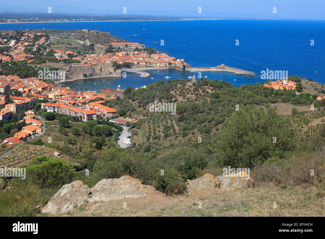 Panoramic view of the beautiful medieval town of Collioure in Southern ...