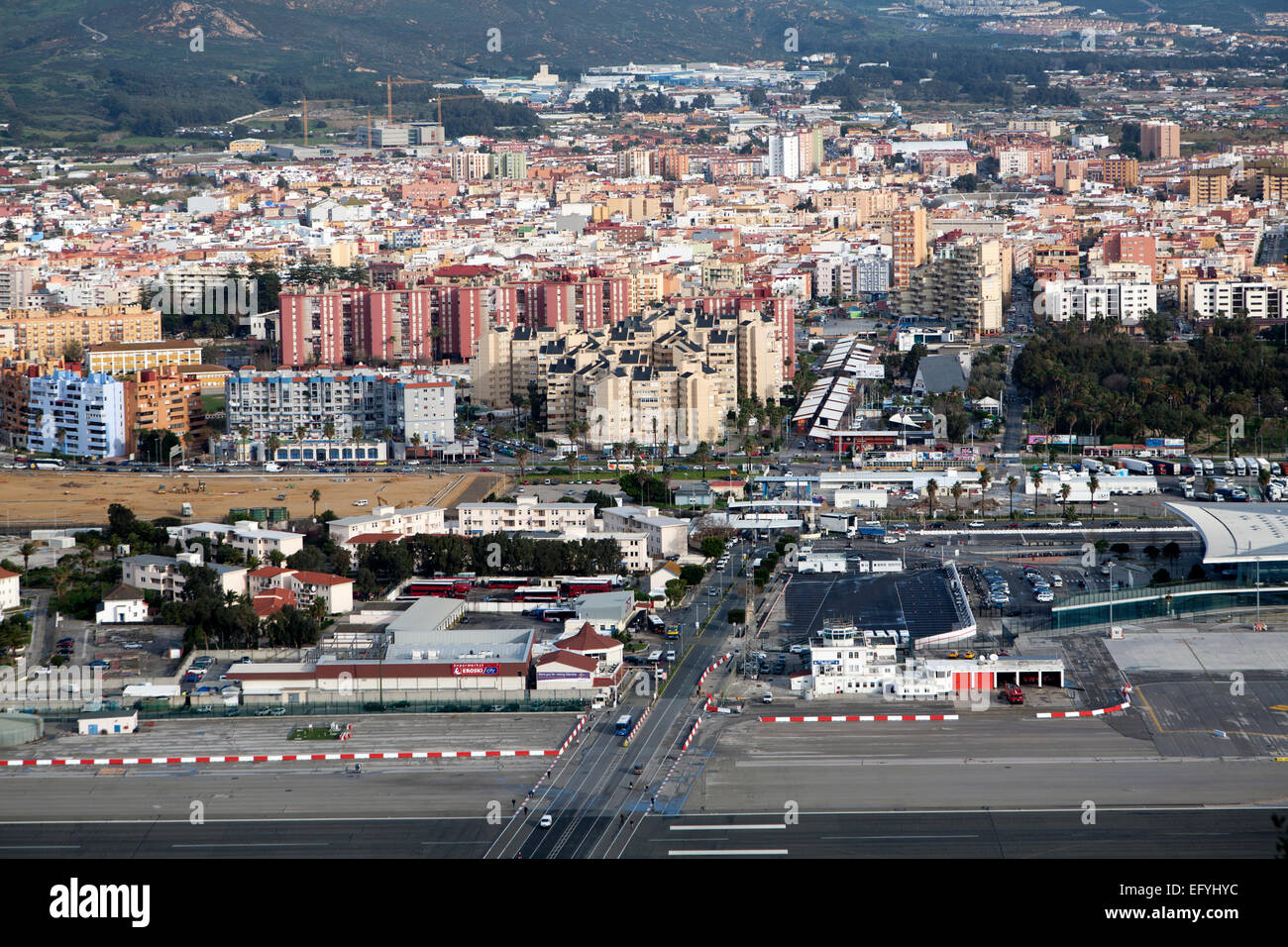 View over airport runway to Spanish town of La Linea from Gibraltar ...