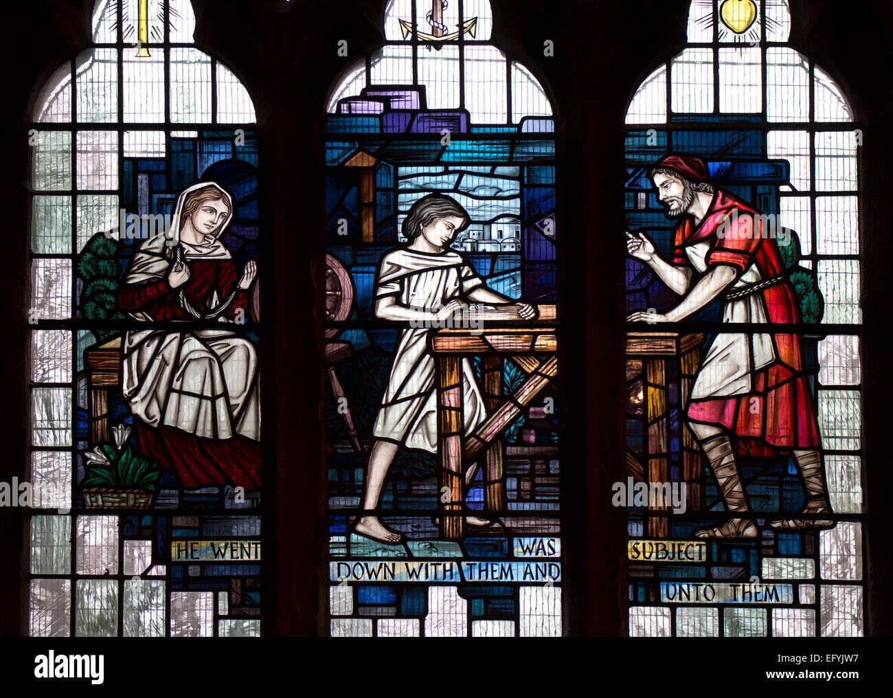 Jesus in the workshop stained glass, St. Michael`s Church, Stoke ...
