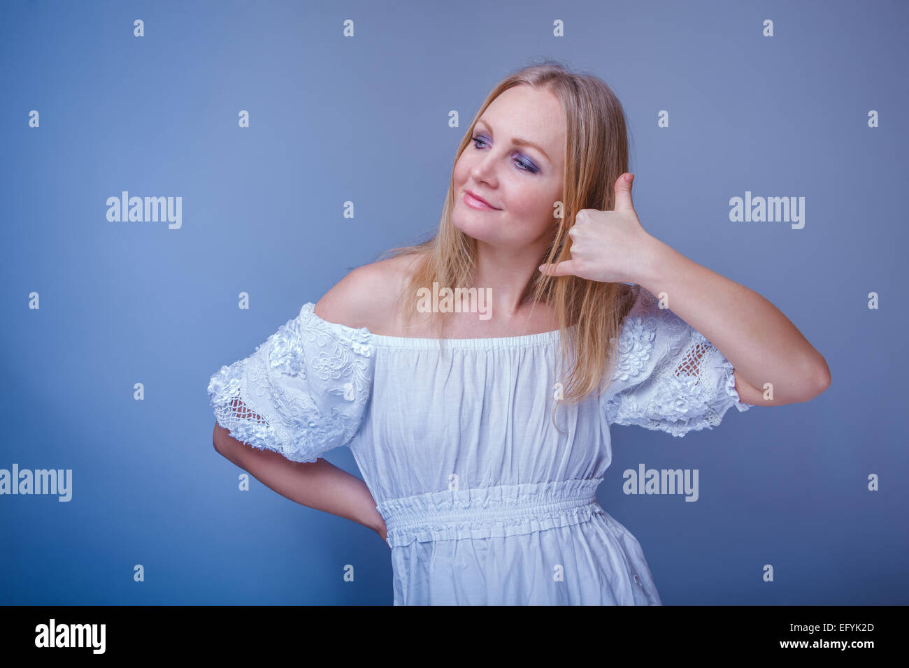 European -looking woman of thirty years gesture hand phone, t Stock ...