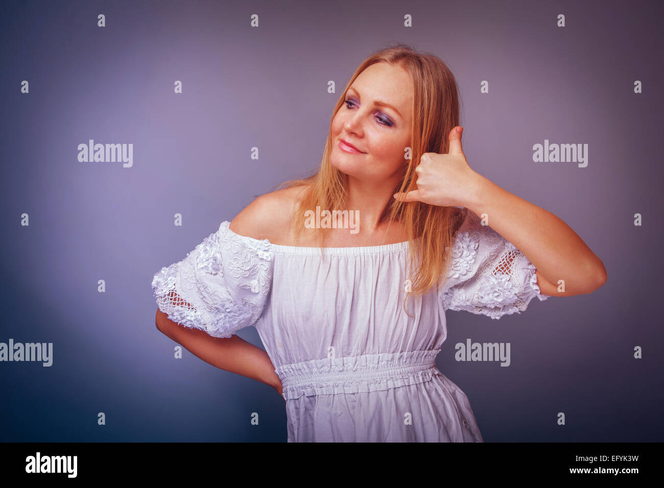 European -looking woman of thirty years gesture hand phone, t Stock ...