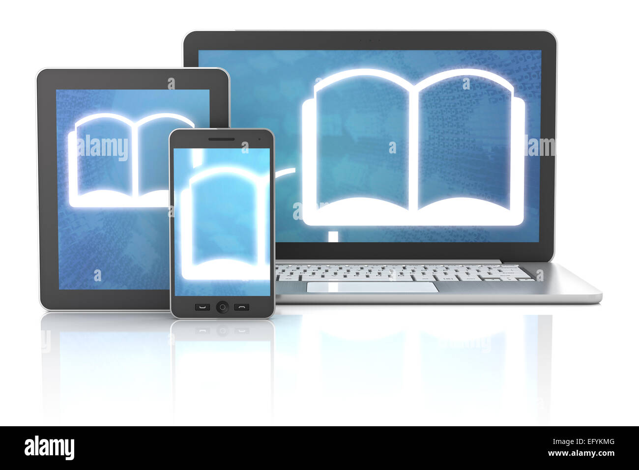 ebook icons on smartphone, digital tablet and laptop, 3d render Stock ...