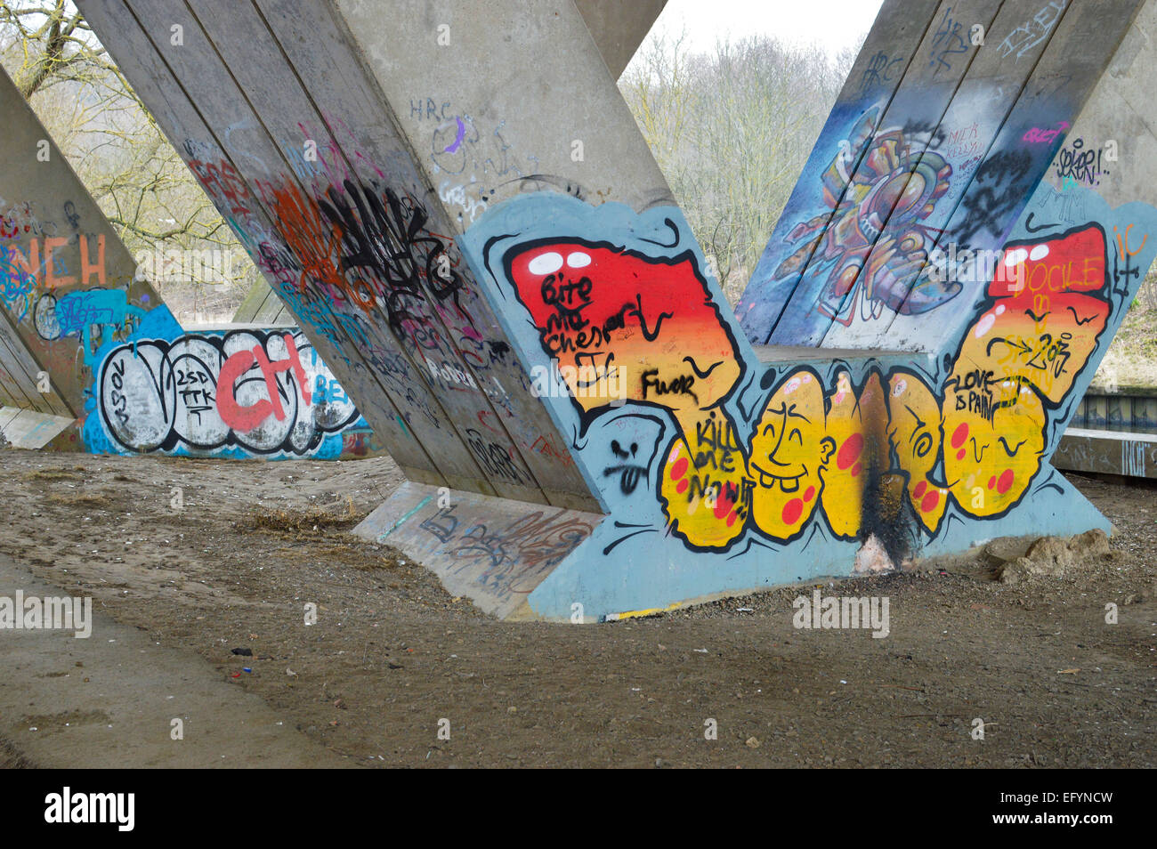 Graffiti on bridge supports on bridge over River Wear. Chester le ...