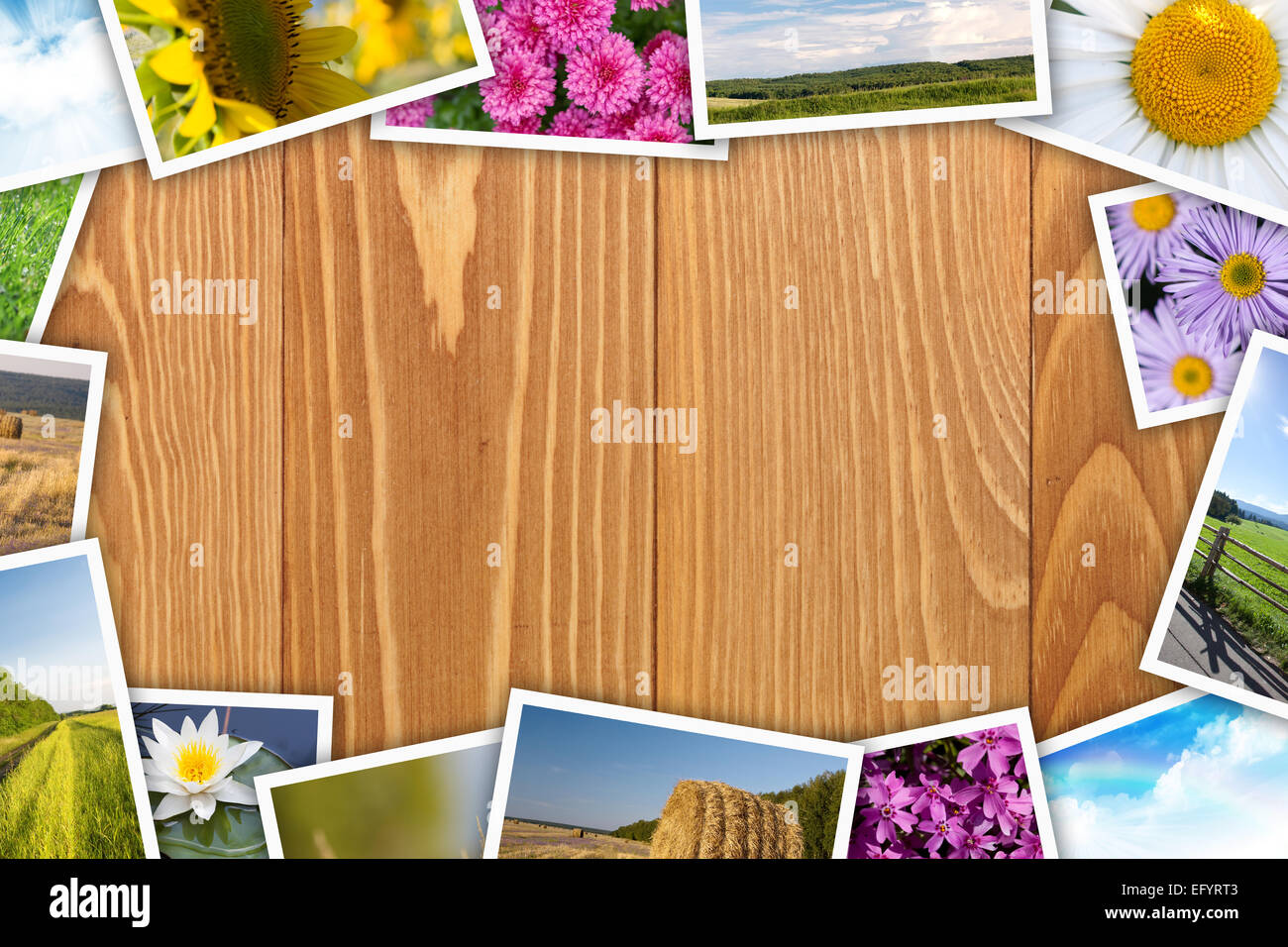 Stack of printed pictures collage on wooden table with copy space for ...