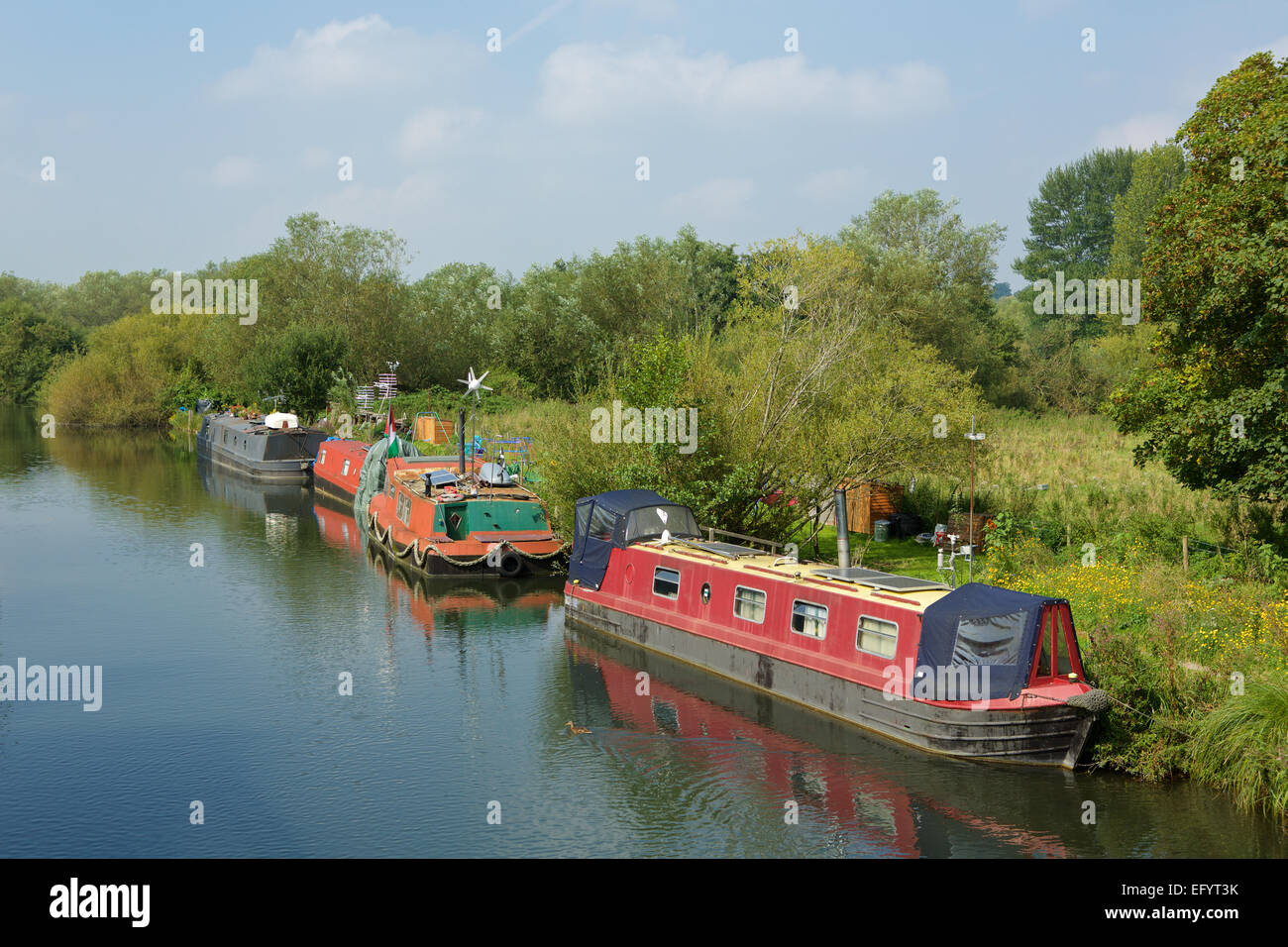 Narrow boats moored along a canal Stock Photo - Alamy