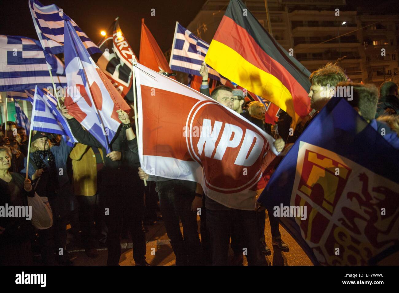 Flags of Greek far-right party Chrisy Avgi (Golden Dawn) and German NPD ...