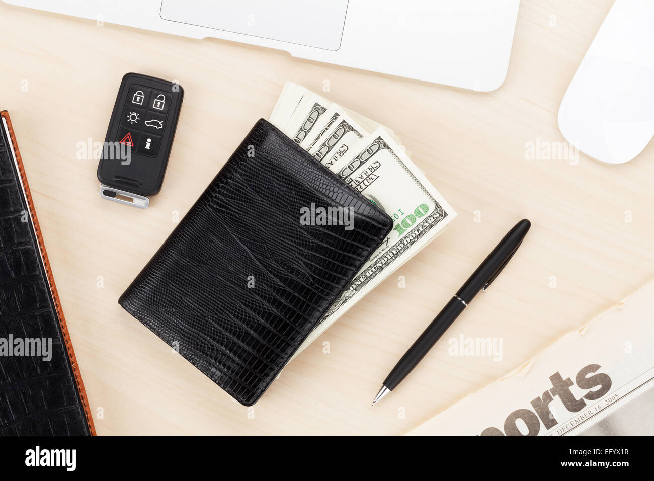 Office table with pc, supplies and money cash. View from above Stock ...