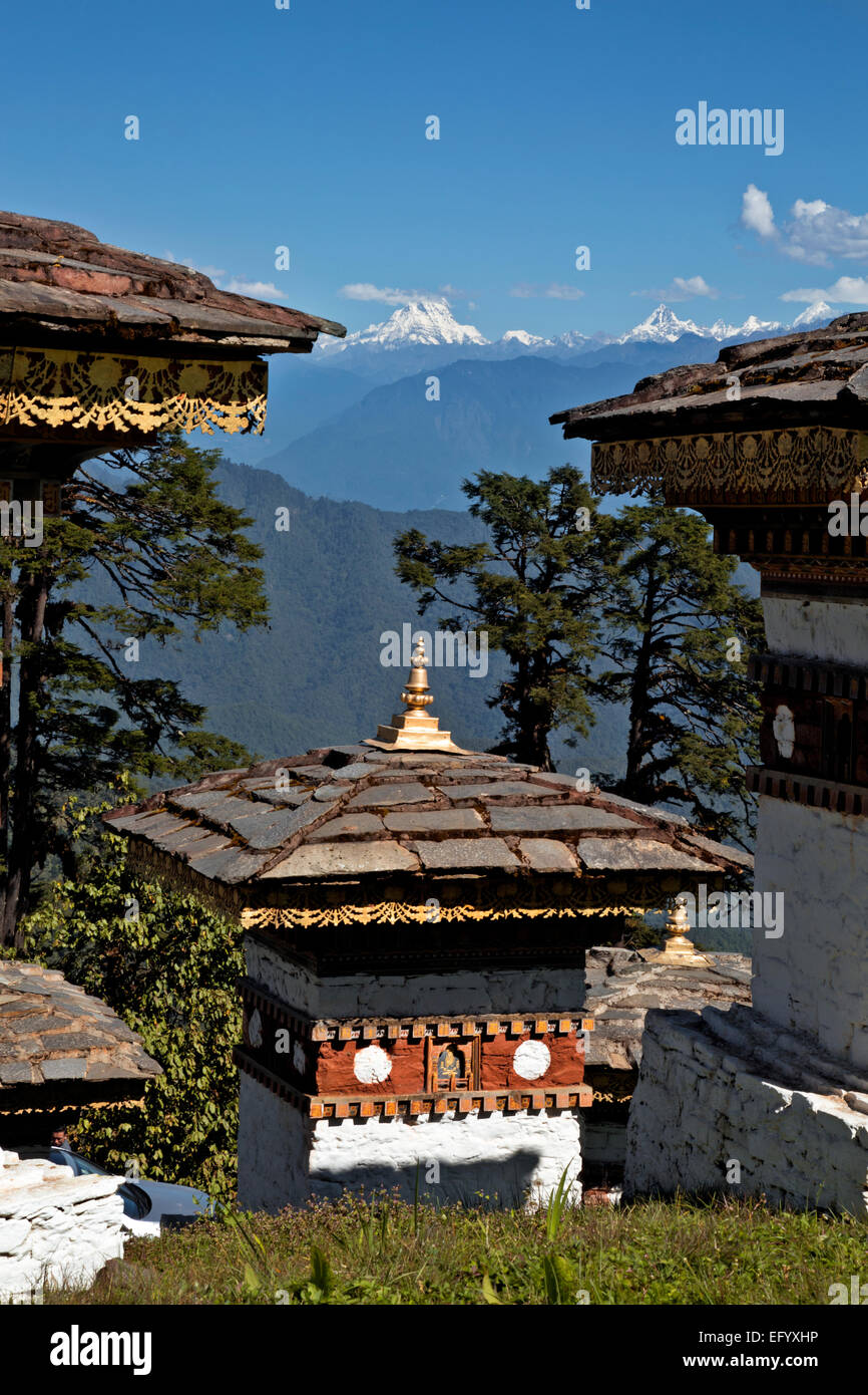 BU00101-00...BHUTAN - Some of the 108 chortens and view of the ...