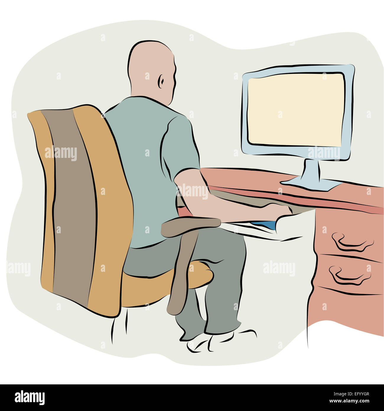 An image of a businessman working at a computer line drawing Stock ...