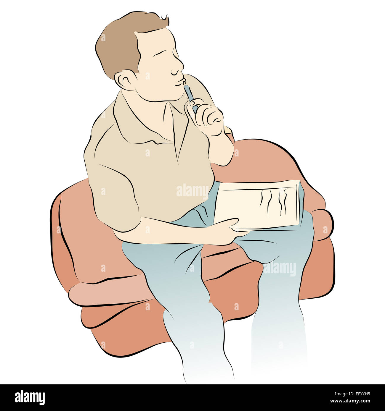An image of a man thinking while he is writing line drawing Stock Photo ...