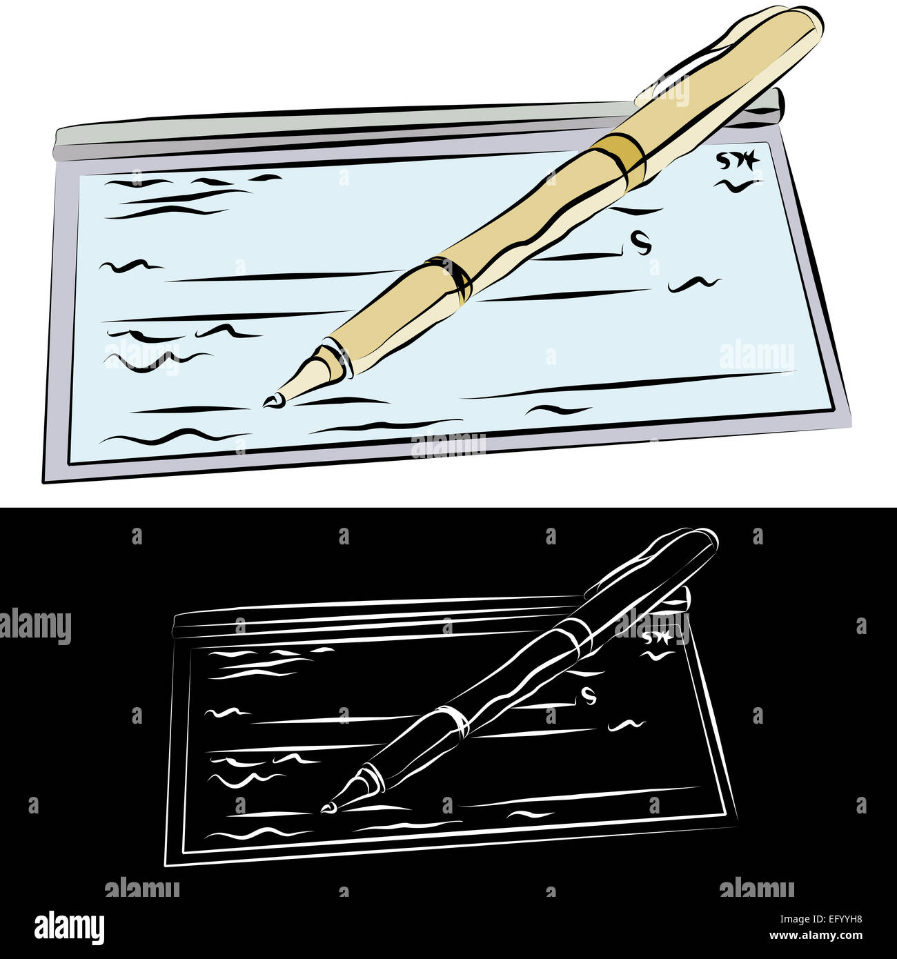 An image of a checkbook and pen line drawing Stock Photo - Alamy