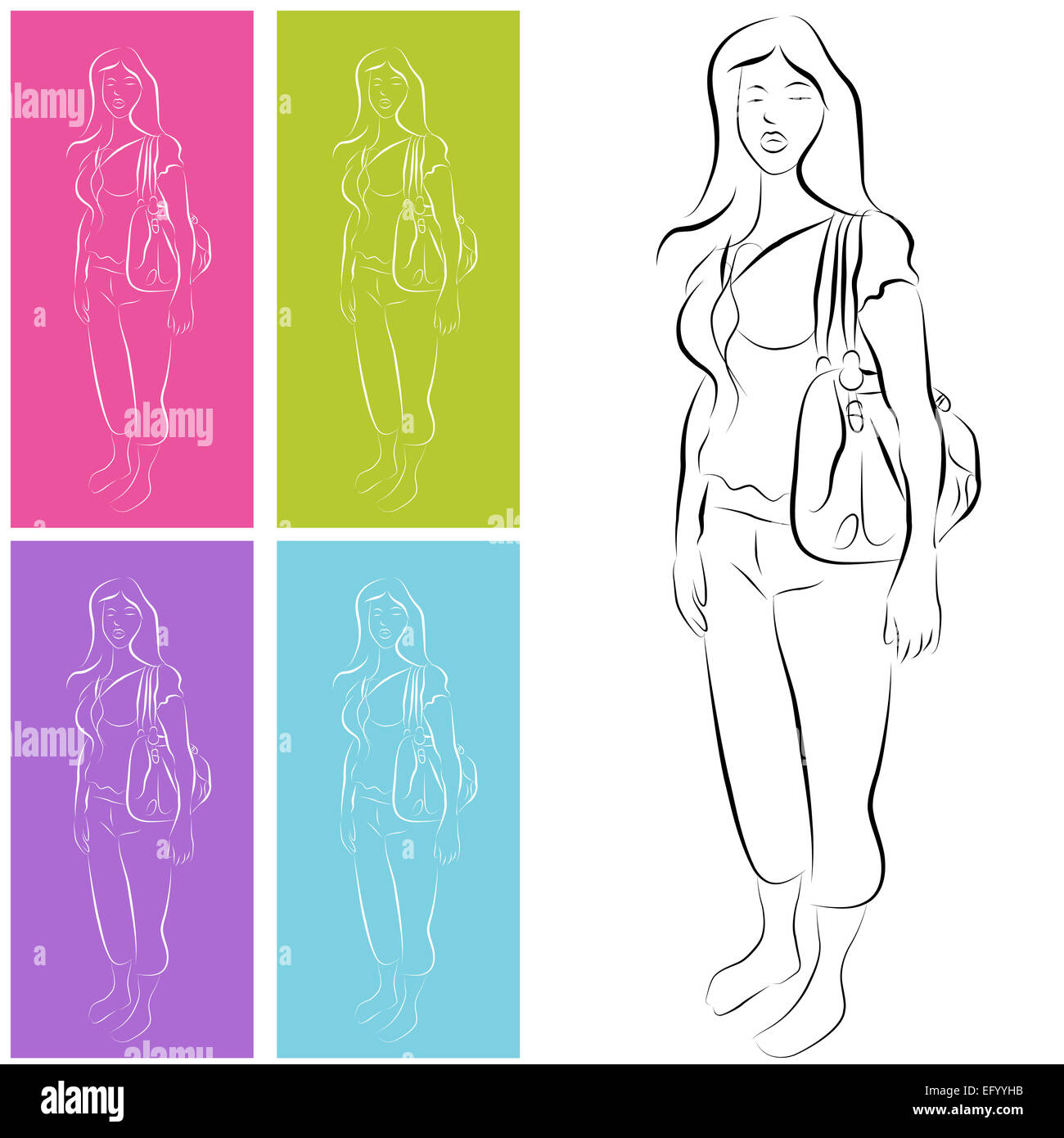 An image of a woman holding her purse line drawing Stock Photo - Alamy