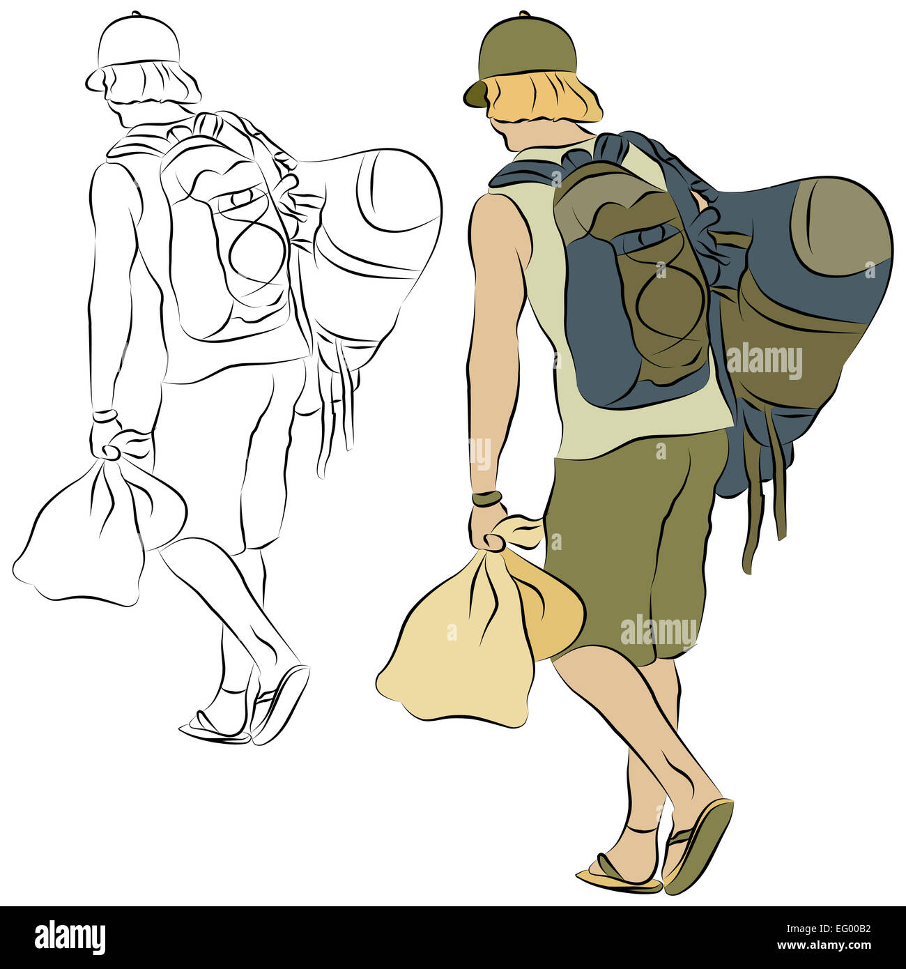 An image of a young man carrying man bags line drawing Stock Photo - Alamy