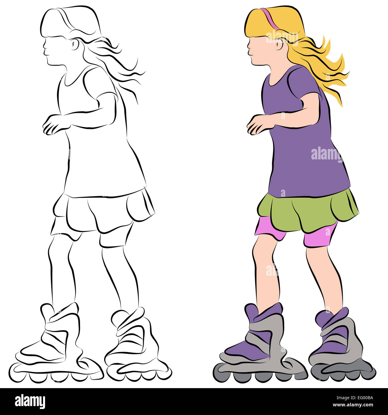An image of a rollerblading little girl line drawing Stock Photo - Alamy