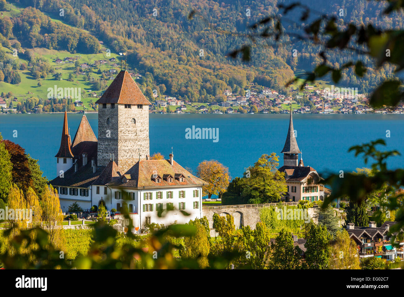 Spiez Castle and Lake Thun, Bernese Oberland, Switzerland Stock Photo ...