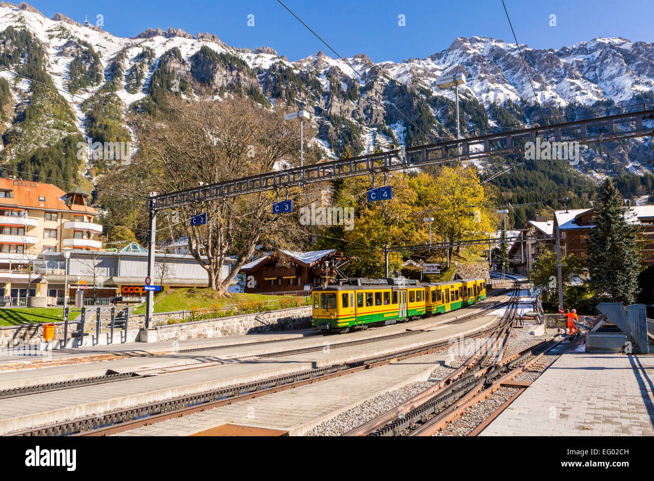 Wengen train station, Bernese Oberland, Swiss Alps, Switzerland, Europe ...