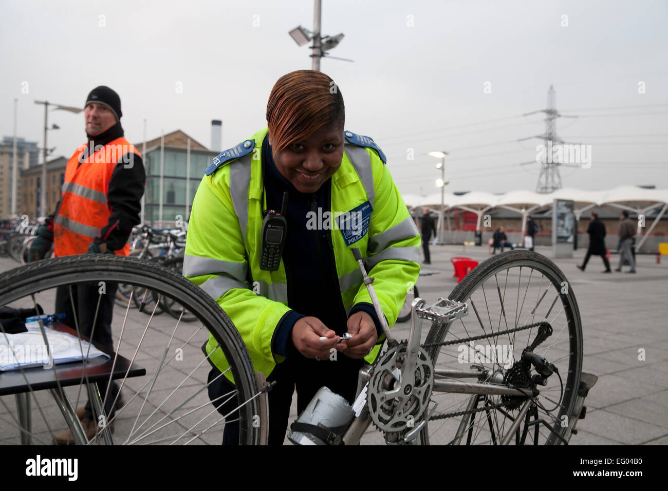 Security marking of bikes at the London Bike Show at ExCel Stock Photo ...