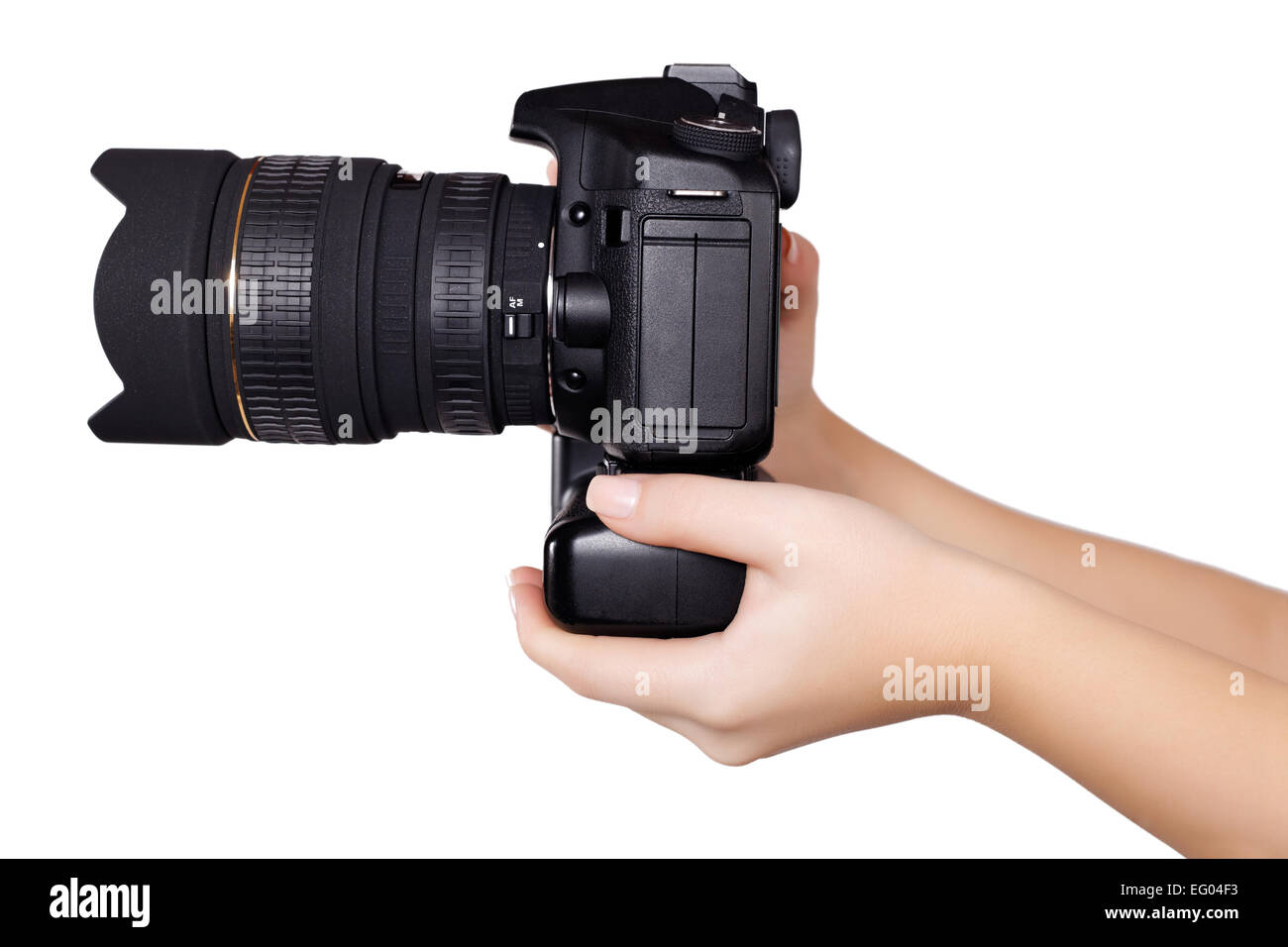 camera in hand isolated on white background Stock Photo - Alamy