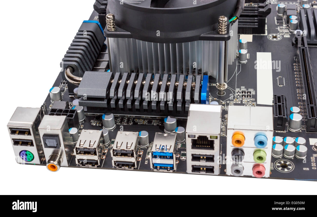 Computer motherboard isolated on white background with CPU cooler Stock ...