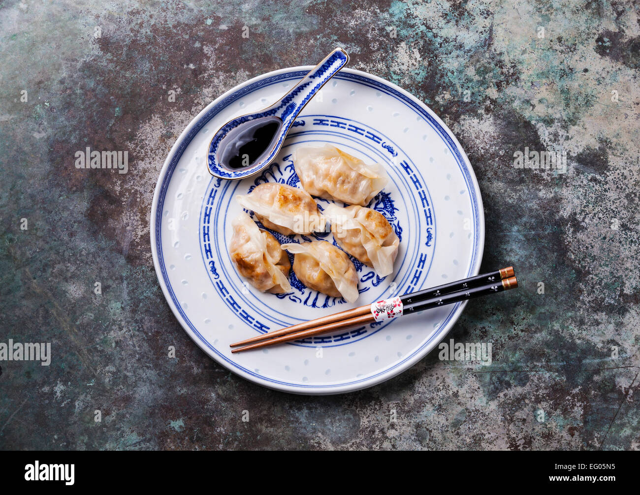 Special Kimchi Fried Dumplings and sauce Stock Photo - Alamy