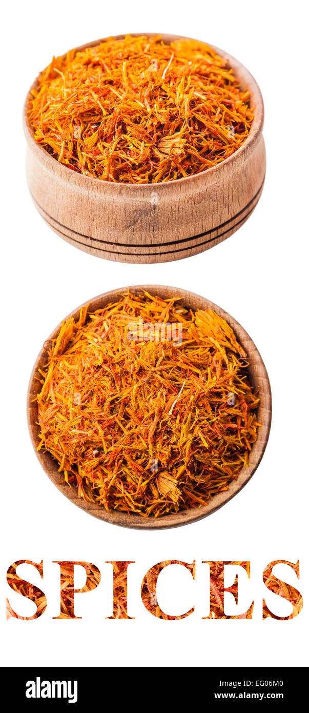 saffron in a wooden bowl isolated on white background Stock Photo - Alamy
