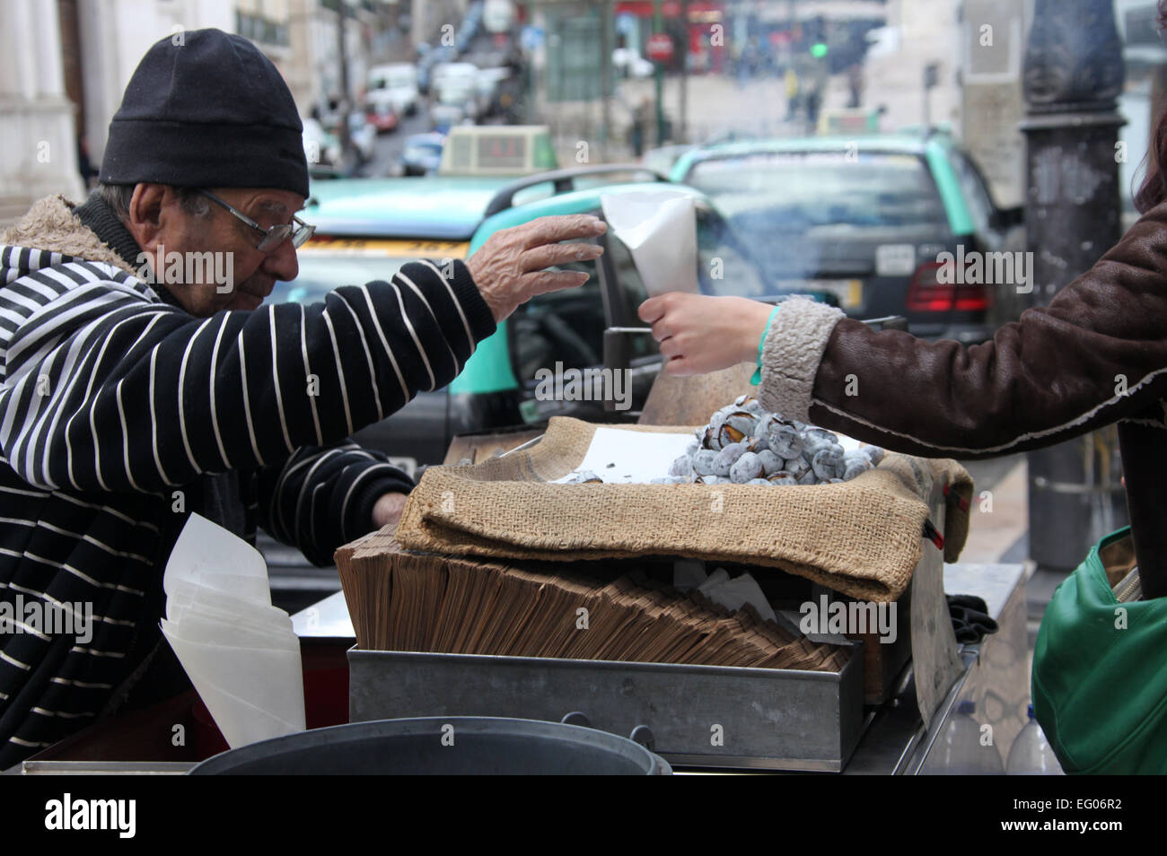 Roasted Chestnut Stall in Lisbon Stock Photo - Alamy